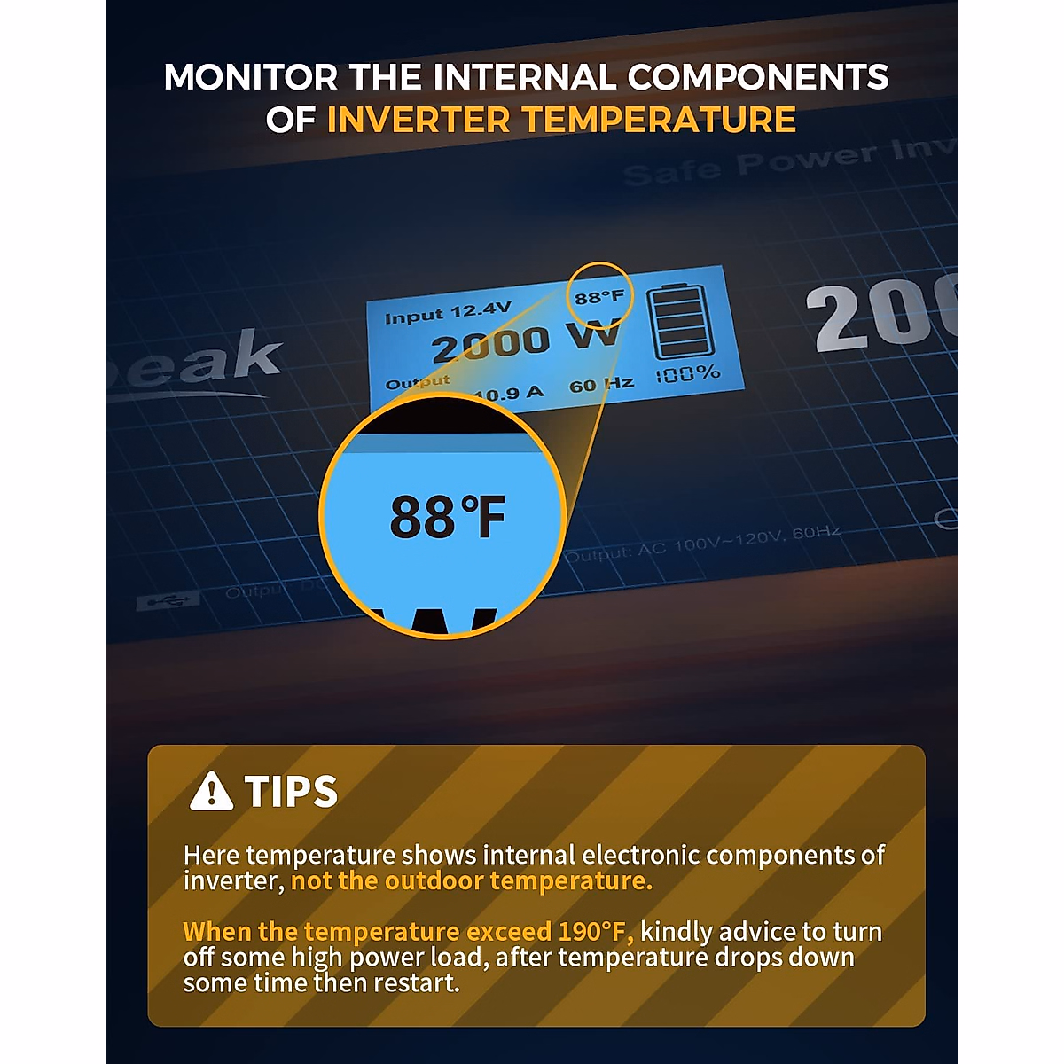 Ampeak 2000W Power Inverter with Remote 3AC Outlets 6.2A USB Ports Inverter DC 12V to AC 110V 17 Protections Inverter for Vehicles