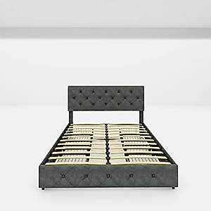 Wancla Queen Upholstered Platform Bed Frame with 4 Storage Drawers/Adjustable Button Tufted Headboard/No Box Spring Neeed/Wood Slat Support/Easy Assembly/Dark Grey, Leathaire