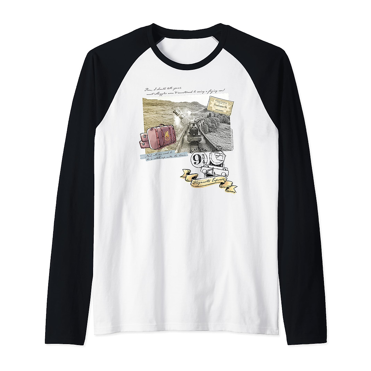 Harry Potter Hogwarts Express Flying Ford Anglia Raglan Baseball Tee