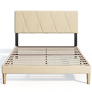 Gizoon Queen Bed Frame with Adjustable Velvet Headboard, Upholstered Platform Bed Frame with Sturdy Metal Frame, Wooden Slats, Noise-Free, No Box Spring Needed (Beige, Queen)