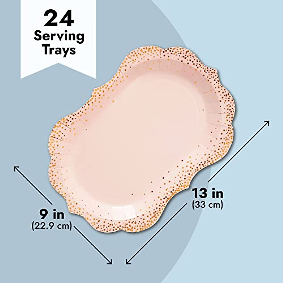 24-Pack Pink Disposable Serving Trays, Gold Foil Polka Dotted Party Platters for Wedding, Birthday, Tea Party, Brunch Decorations, Table Centerpiece, Home Decor (9x13 in)