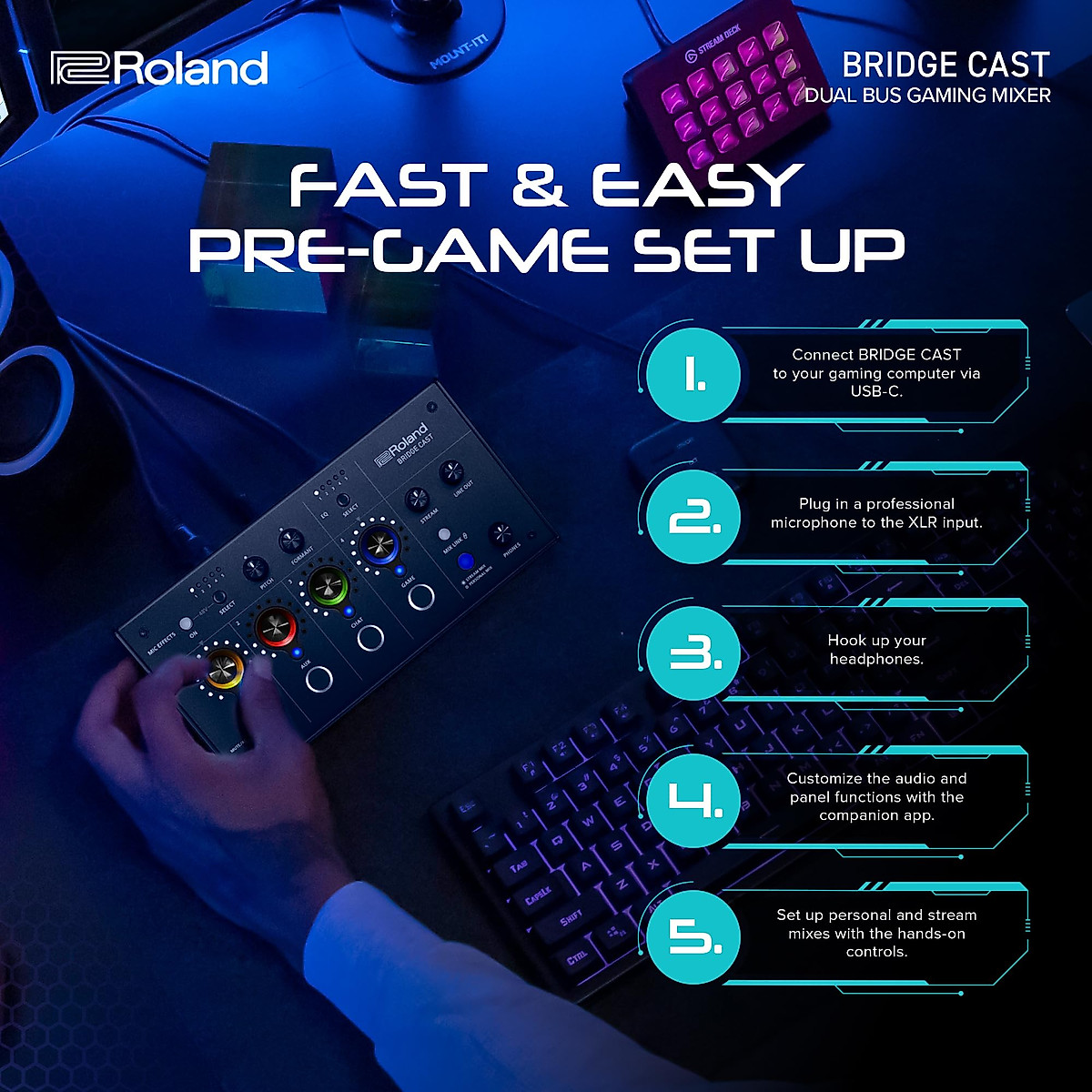 Roland BRIDGE CAST Dual Bus Gaming Mixer | Professional Audio Streaming Interface and Mixer for Online Gamers | 32-Bit Hardware DSP | USB-C Windows and Mac Connectivity | XLR Input for Microphones