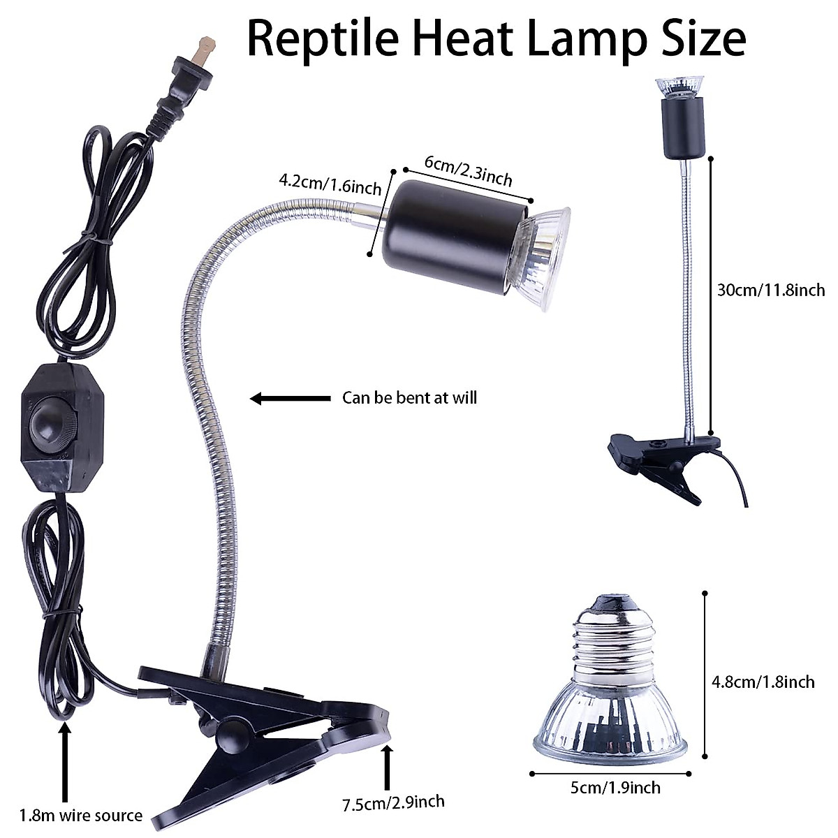 Reptile Heat Lamp, UVA UVB Reptile Light Basking Spot Lamp, UVA UVB Reptile Light, Aquatic Turtle Heating Lamp, Adjustable and Timed Terrarium Heat Lamps with 360° Rotatable Hose (Black)