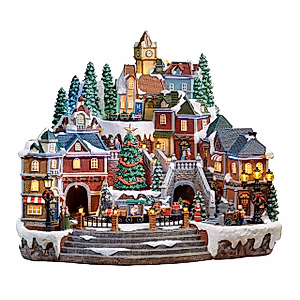 Christmas Village Centerpiece Decor, Tiered Village Town Center, with Rotating Train and Village Buildings, featuring LED Lights, Christmas Music, and Animation - Power Adapter (included)