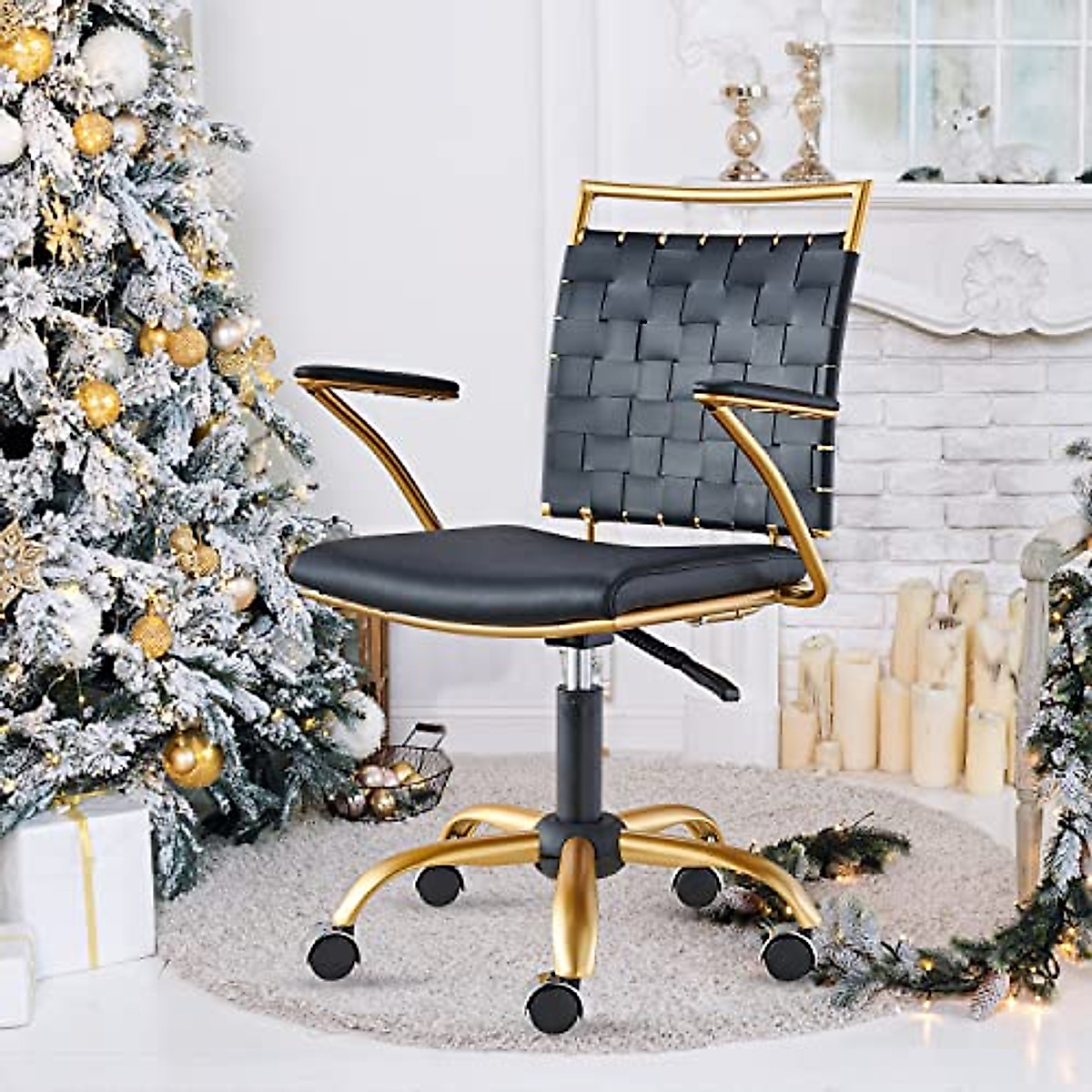 CAROCC Modern Leather Desk Chiar Gold and Black Office Chair Cute Desk Chiar Mid Back Conference Chairs with Wheels and Arms Comfortable Computer Swivel Task Chair(Black)