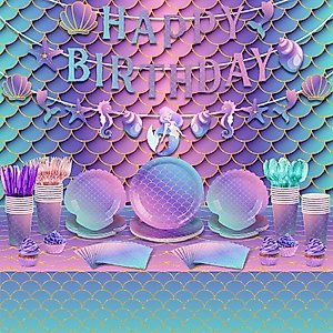 Roshtia 172 Pcs Mermaid Birthday Party Supplies (Serve 24) Disposable Mermaid Tableware Set for Girl Birthday Baby Shower Party with Plates, Cups, Napkins, Tablecloth, Backdrop, Banner