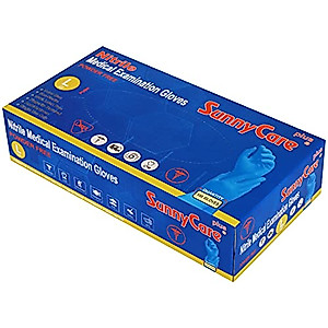 SunnyCare 1000 8203 Blue Nitrile Medical Exam Gloves Powder Free Chemo-Rated (Non Vinyl Latex) 100/box;10boxes/case Size: Large