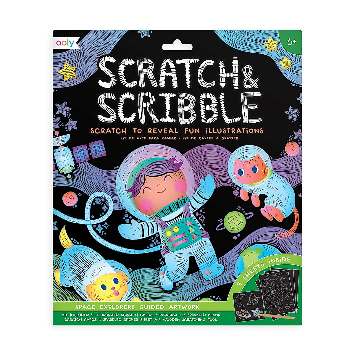 Ooly, Scratch and Scribble, Art Kit for Kids, Space Explorers, Children's Guided Artwork - 10 Piece Set