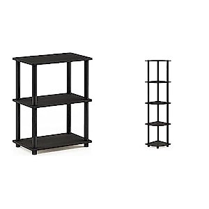 Furinno Turn-N-Tube No Tool 3-Tier Storage Shelf, Narrow, French Oak Grey/Black & Turn-N-Tube 5 Tier Corner Display Rack Multipurpose Shelving Unit, 1-Pack, Espresso/Black