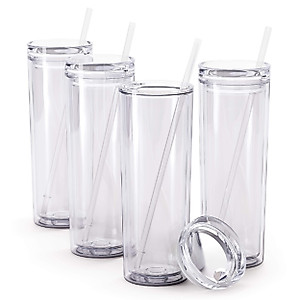 Maars Skinny Acrylic Tumbler with Lid and Straw | 18oz Premium Insulated Double Wall Plastic Reusable Cups - Clear, 4 Pack