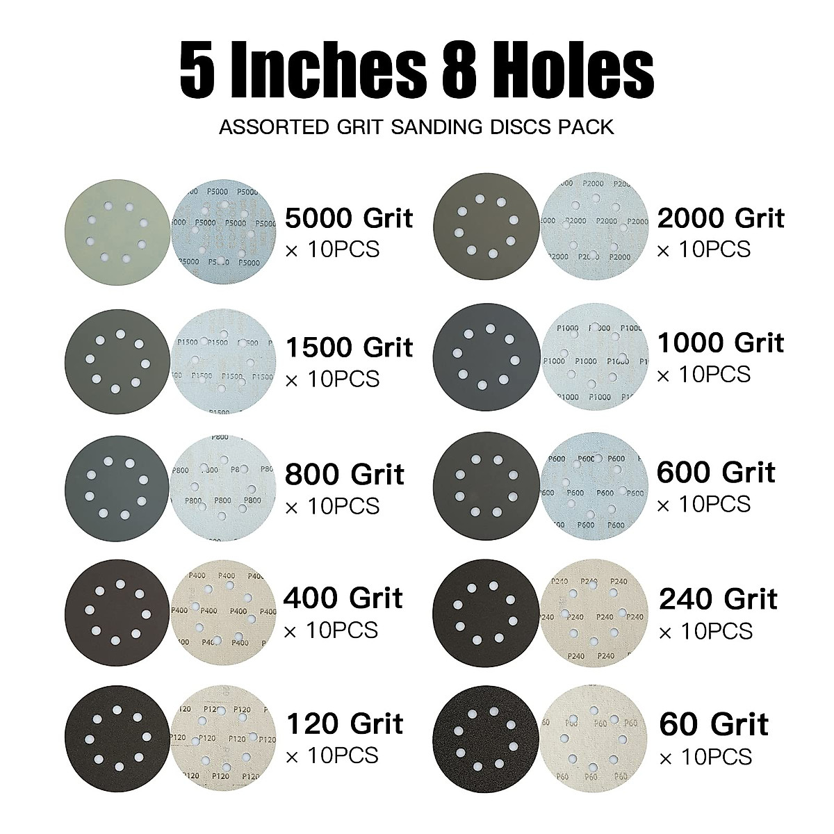 100pcs 5 Inch Sanding Discs Wet Dry Hook & Loop 8 Holes 60 120 240 400 600 800 1000 1500 2000 5000 Grit Orbital Sandpaper