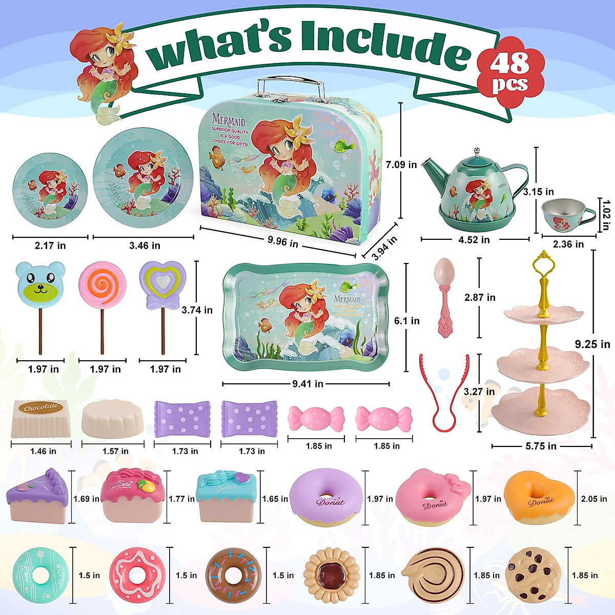 Motiloo 48 Pcs Mermaid Kids Tea Party Set with Carrying Case & Sweet Treats Playset - Pretend Toy Tin Tea Set for Little Girls - Princess Tea Time Pretend Play Tea Set Toys