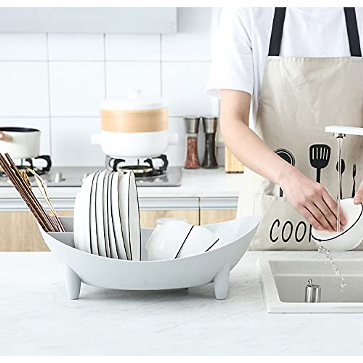 SERENITA Dish Drying Rack. Oval Compact Size Drainer with Utensil Holder. Kitchen Counter Cabinet (White 16.5")
