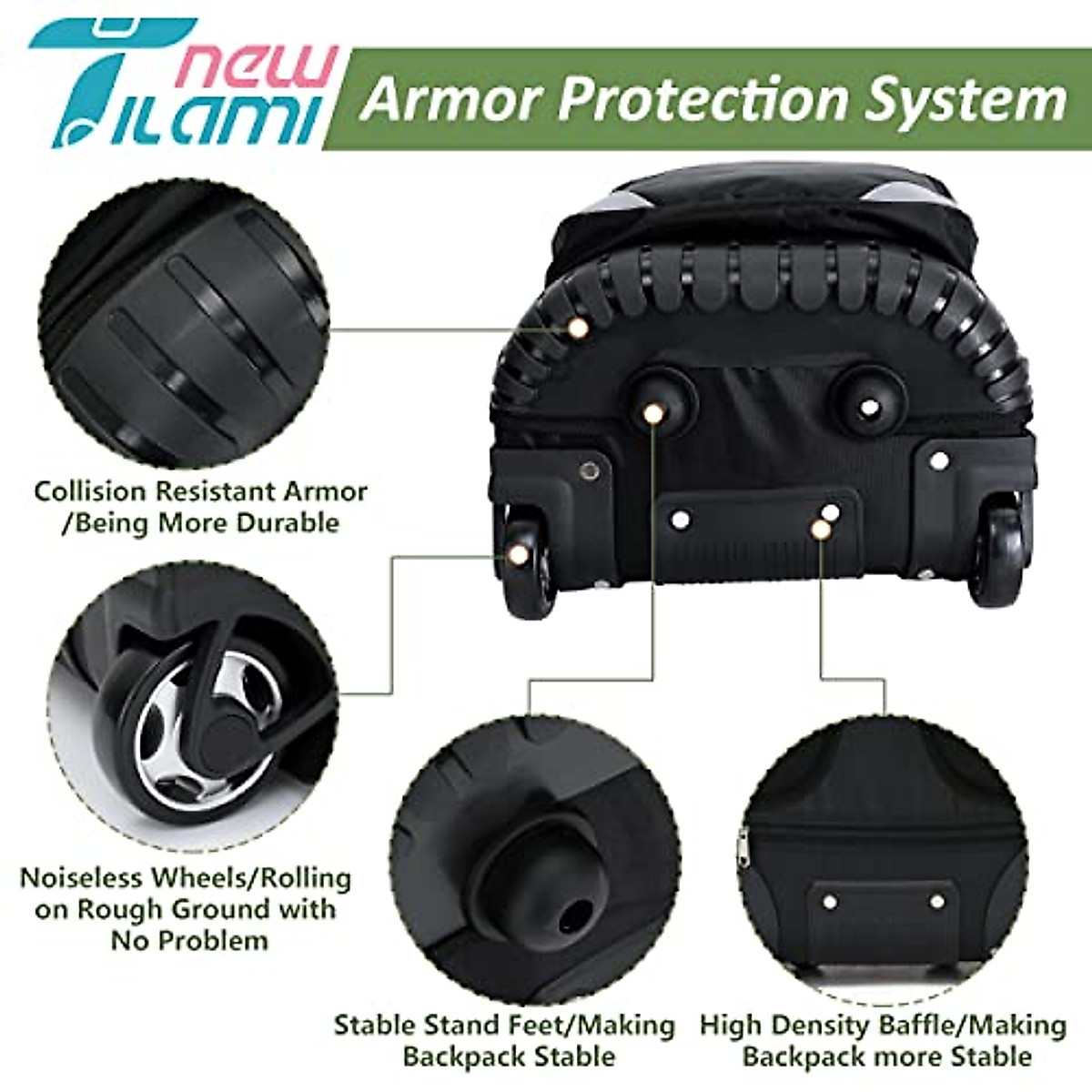 NEW TILAMI Wheeled Rolling Backpack for Child, Large Space Laptop Rolling Backpack for Students School Travel Trip Using 18 Inches Backpack, Black