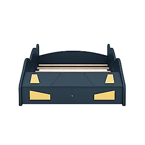 Brisca Twin Size Race Car-Shaped Platform Bed with Wheels,Solid Wood Bed Frame W/Storage,No Box Spring Required,for Bedroom,Apartment,Guest Room,Dark Blue+Yellow