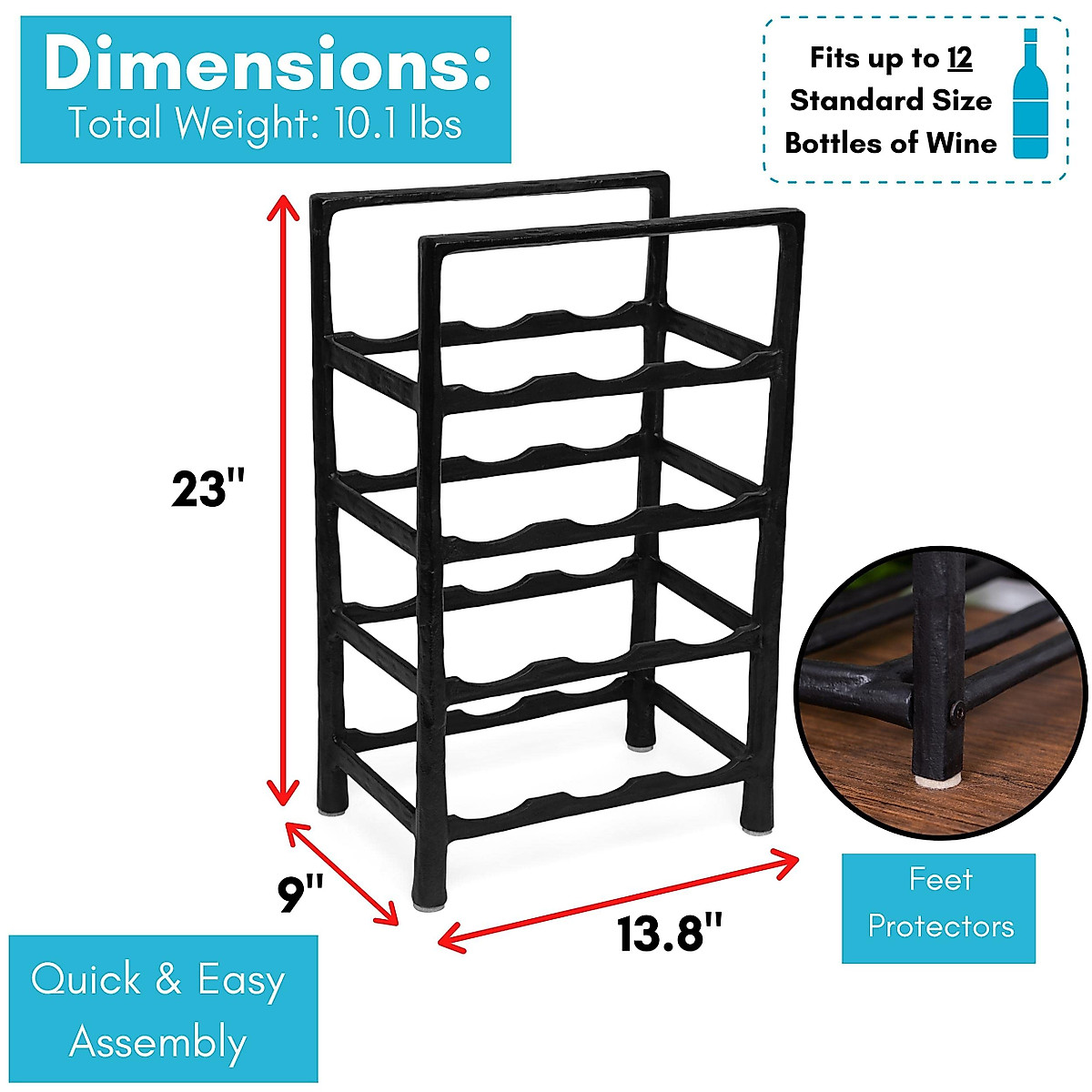 BIRDROCK HOME 12 Bottle Wine Rack - Free Standing Stand - Kitchen Countertop - Black Forged Metal - Vertical Shelf Storage Cabinet - Holder
