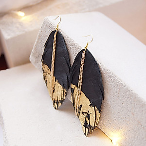 Bohemian Feather Dangle Earrings Leather Long Fashion Earrings for Women Girls-Black Gold