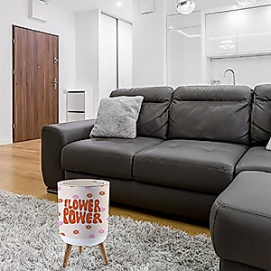 Small Trash Can with Lid Flower with Phrase Flower Power Hand Lettering in 70s Hippie Style 7 Liter Round Garbage Can Elasticity Press Cover Lid Wastebasket for Kitchen Bathroom Office 1.8 Gallon