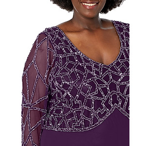 J Kara Women's Plus Size 3/4 Sleeve Geo Beaded Gown, Plum/Mercury/Silver, 18W