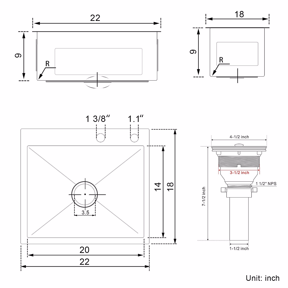 OUGOO 22 x 18inch Drop-in Tight Radius Black Stainless Steel Topmount Kitchen Sink Single Bowl