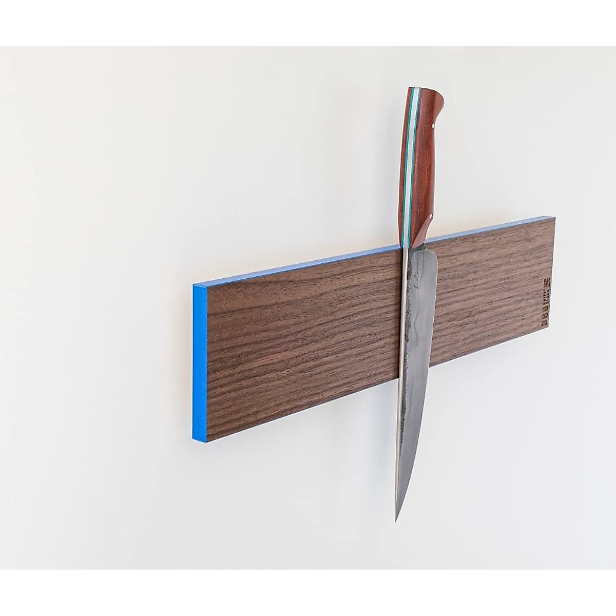 360KnifeBlock BAR - (walnut & blue) 4”x16” wall mount knife BAR - integrated level, steel clips, 2” screws