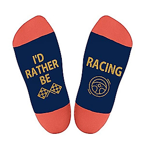 Funny Racing Socks for Men Teen Boys - I’d Rather Be Racing Socks Fun Novelty Cool Crazy Funky Crew Race Socks - Valentines Day Racing Gifts for Speed Racer Lovers Christmas Stocking Stuffers