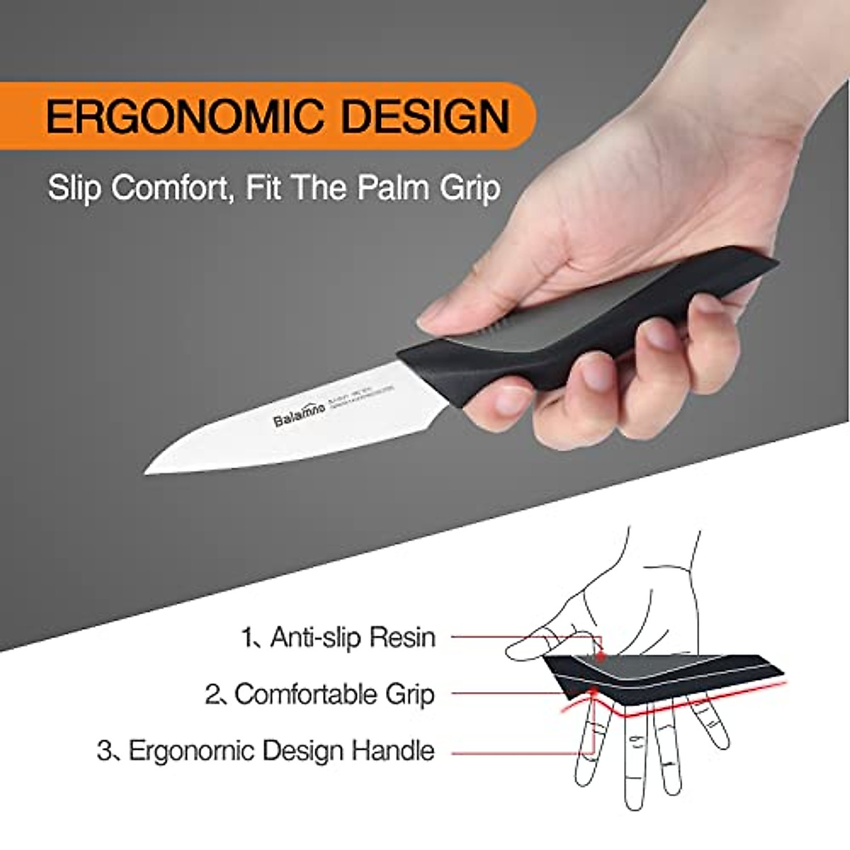 Balamno Paring Knife, 4 Inch Kitchen Knives for Fruits and Vegetables, German Steel Fruit Knife Tomato Cutter with Non-slip Ergonomic Grip, Injection Molding, Ultra Sharp