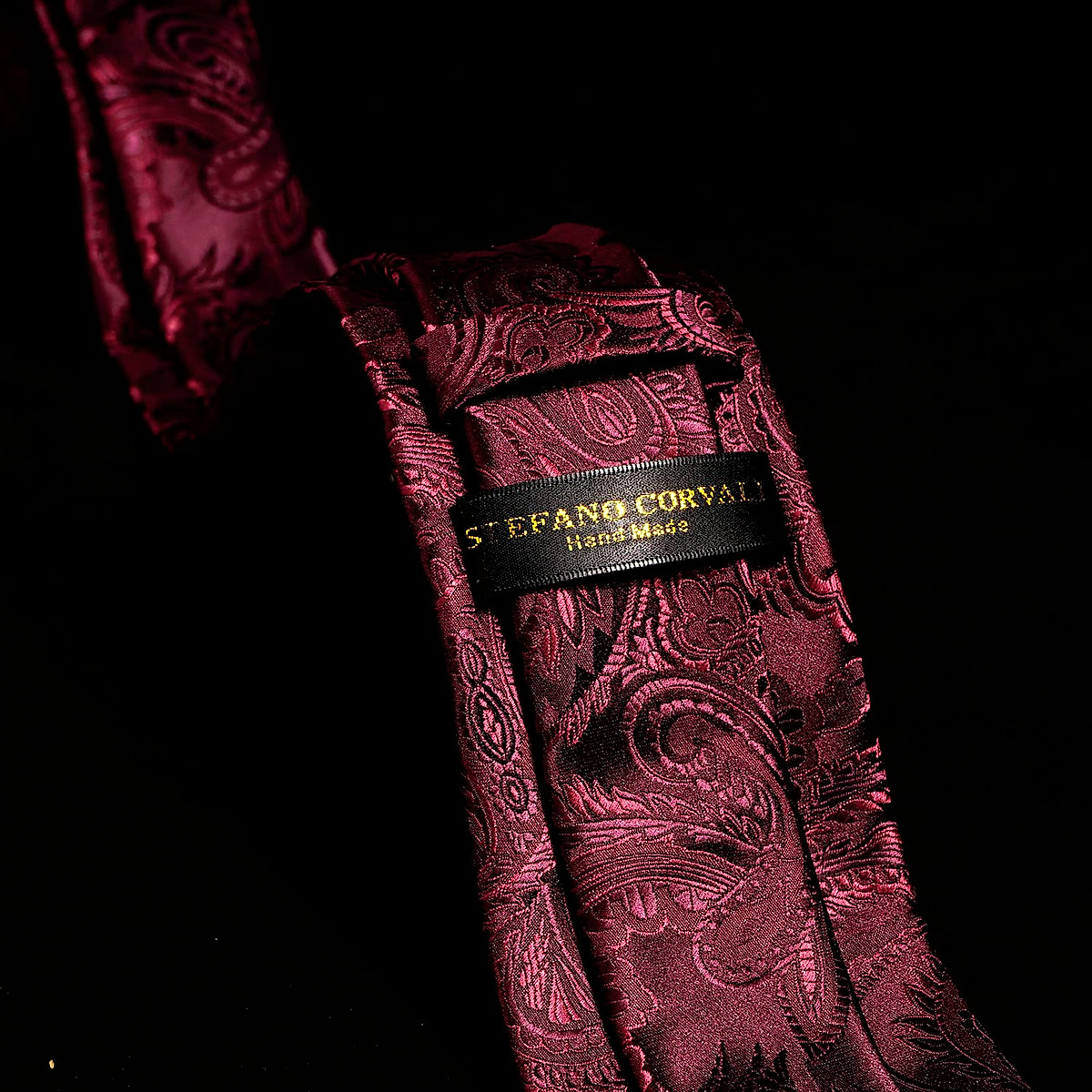 ROBERTO GABBANI Mens Burgundy Silk Tie and Pocket Square Cufflinks Clip Set, Designer Woven Necktie Set for Wedding Business Prom