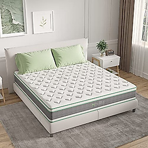 Novilla Queen Mattress 12 Inch Hybrid Mattress in a Box, Innerspring Mattress with Gel Memory Foam for a Cool Sleep, Pressure Relief, Medium Firm Mattress with Pillow Top, Groove,White&Grey&Green