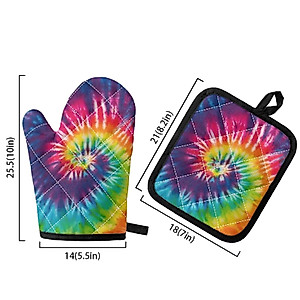 BIGCARJOB Set of 2 Pack Kitchen Oven Gloves Pot Pads with Rainbow Tie Dye Printed Oven Mit Set Womens Girls BBQ Gloves Pot Mats Potholders for Kitchen Baking Cooking