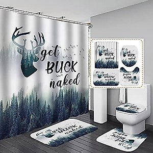 Camille&Andrew 4PCS Deer Antler Shower Curtain Set with Rugs, Green Pine Tree Misty Forest Nature Scenery Funny Quote Bird Elk Moose Wildlife Animal Hunting Rustic Cabin Bathroom Decor, Get Buck Naked