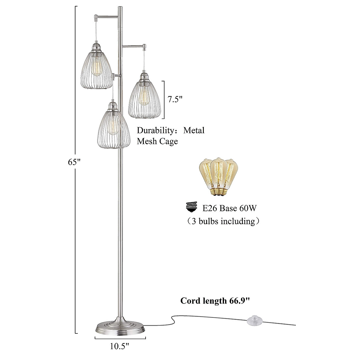 Floor Lamp, Industrial Rustic Standing Lamp with 3 Elegant Teardrop Cage Shade, Modern Tall Floor Lamps for Living Room with 3 Edison Bulbs, Minimalist Pole Floor Light for Home Office - Chrome