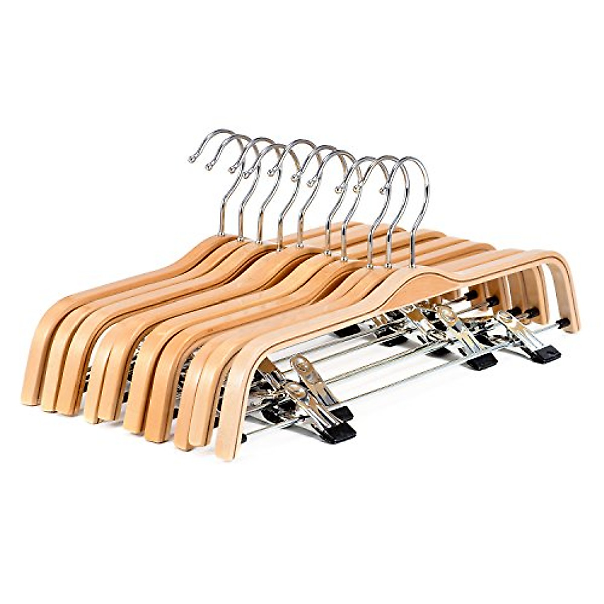 RoyalHanger Wood Hangers 10-Pack, Pants Hangers Skirt Hangers Wooden Hangers with 2 Adjustable Clips, Natural Finish