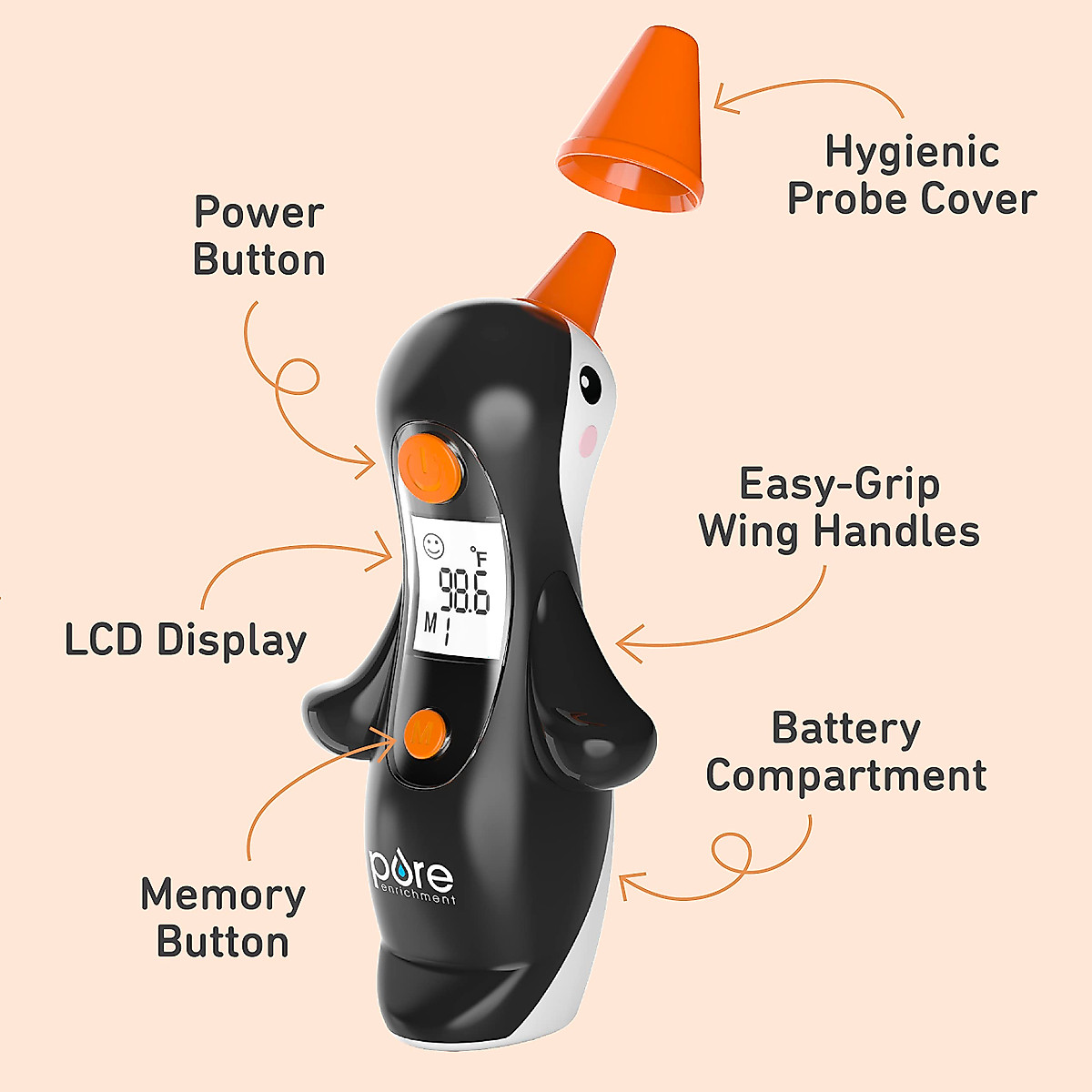 Pure Enrichment® PureBaby® Penguin Ear Thermometer - InstaRead™ Technology, LCD Backlit Display, 10 Memory Settings, Dual Scale Readings, Fever Alert, & Cover - Ideal for All Ages, Babies and Children