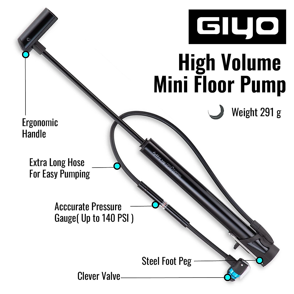 GIYO Bike Frame Floor Pump - Compact & Durable, Fast Tire Inflation for Road & MTB - Presta/Schrader, Max 140 psi - Small Pump with Gauge (GM631)