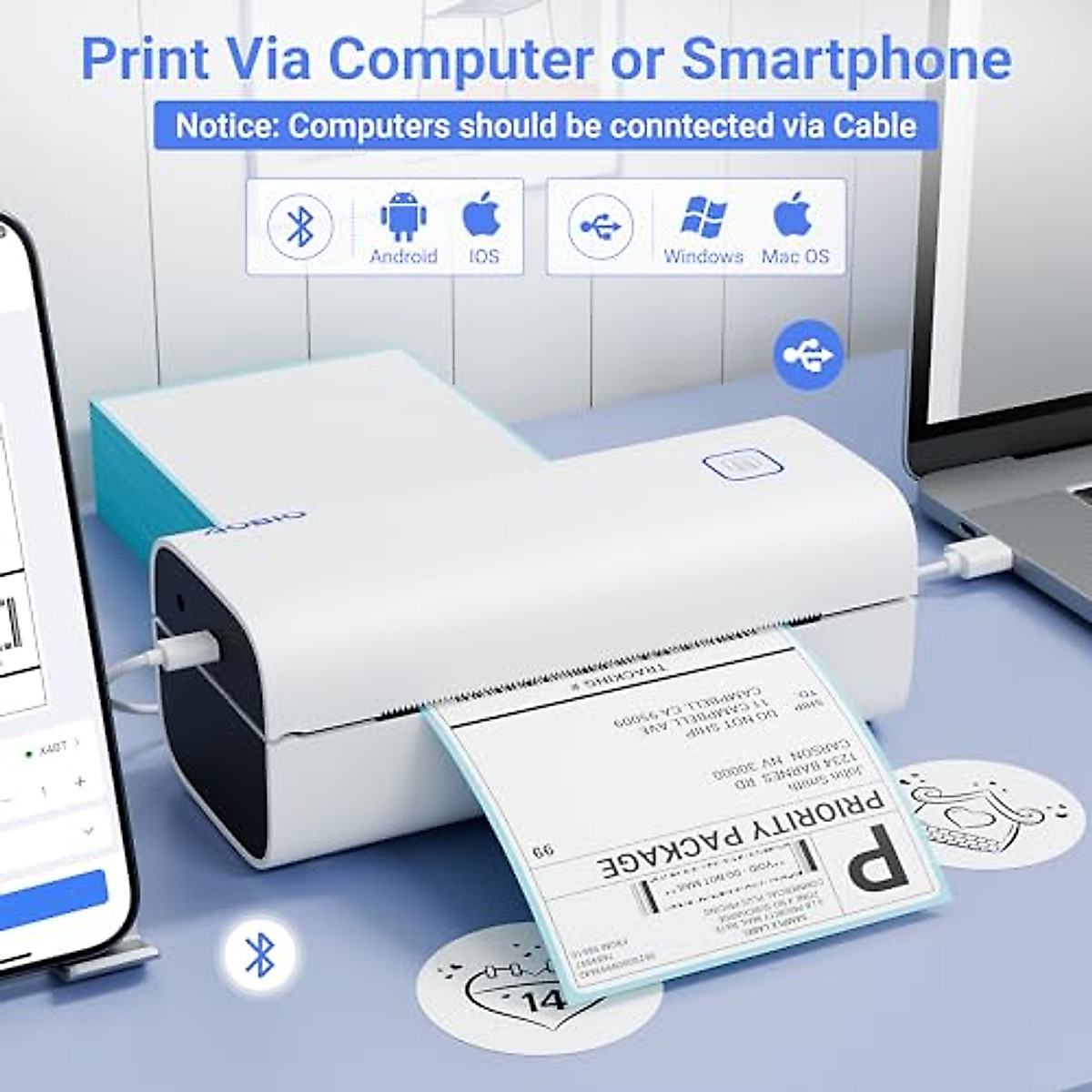 AOBIO X4BT 4x6 Bluetooth Thermal Label Printer - Shipping Label Printer for Small Business - Desktop Postage Label Printer Compatible with MacOS, Wins, Linux, ChromeOS (Black)