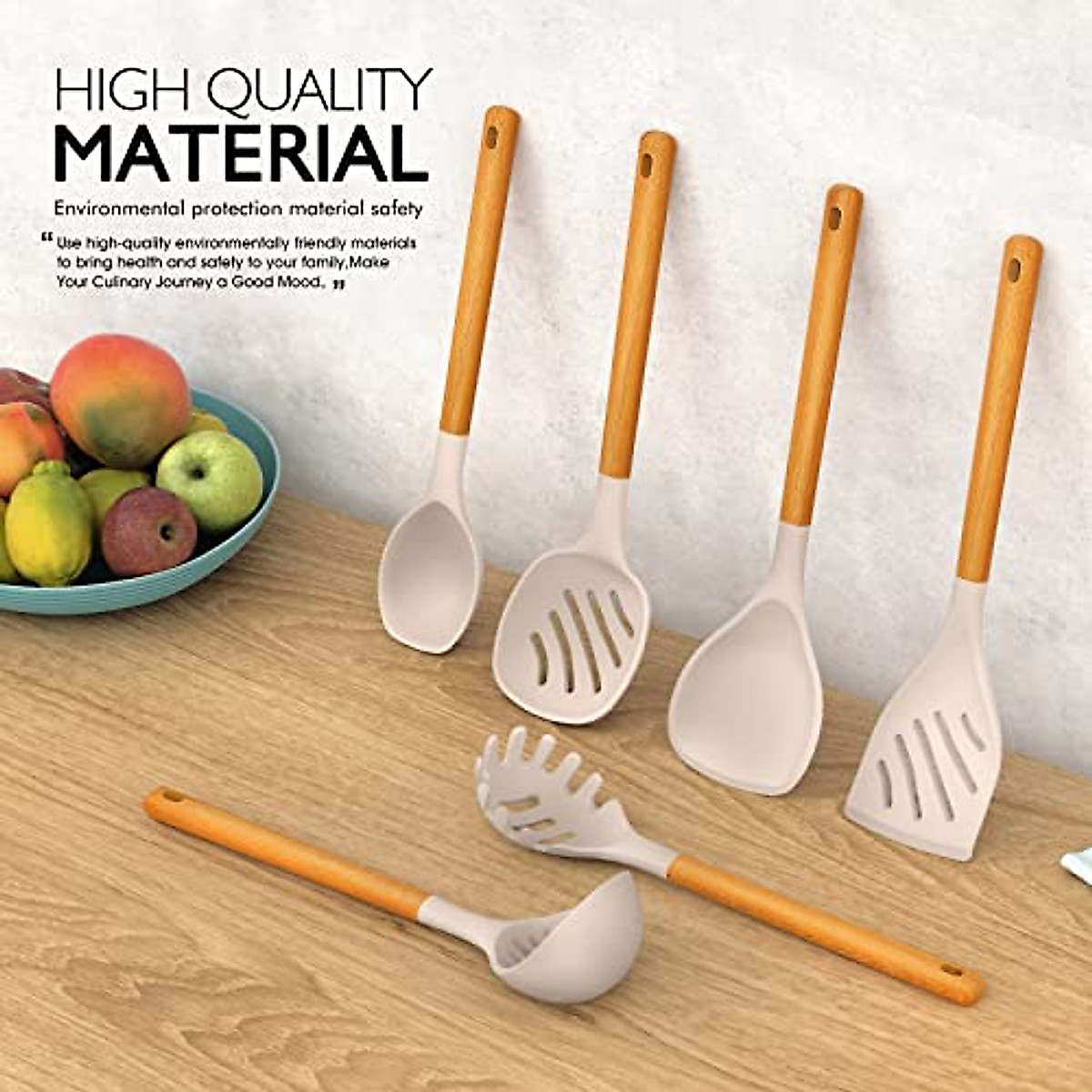 Large Silicone Cooking Utensils Set - Heat Resistant Silicone Utensils for Cooking w Long Wooden Handles, Kitchen Utensil Spatula Set, Kitchen Gadgets for Non-Stick Cookware, BPA Free(Khaki)