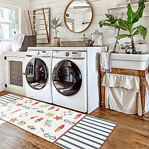 IDOWMAT Kitchen Rug Sets of 2 - Absorbent Non-Slip Kitchen Mats Navy Blue Stripes Beach Swim Ring Ice Cream Sunglasses Floor Comfort Mats Doormat for Kitchen Office Laundry 15.7x23.6in + 15.7x47.2in