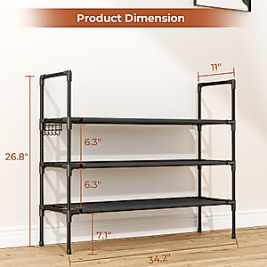 VTRIN Shoe Rack 3 Tier Long Shoe Organizer for 16-20 Pairs of Shoes Stackable Fabric Metal Shoe Storage Shelf with Hook for Closet, Entryway, Garage, Black