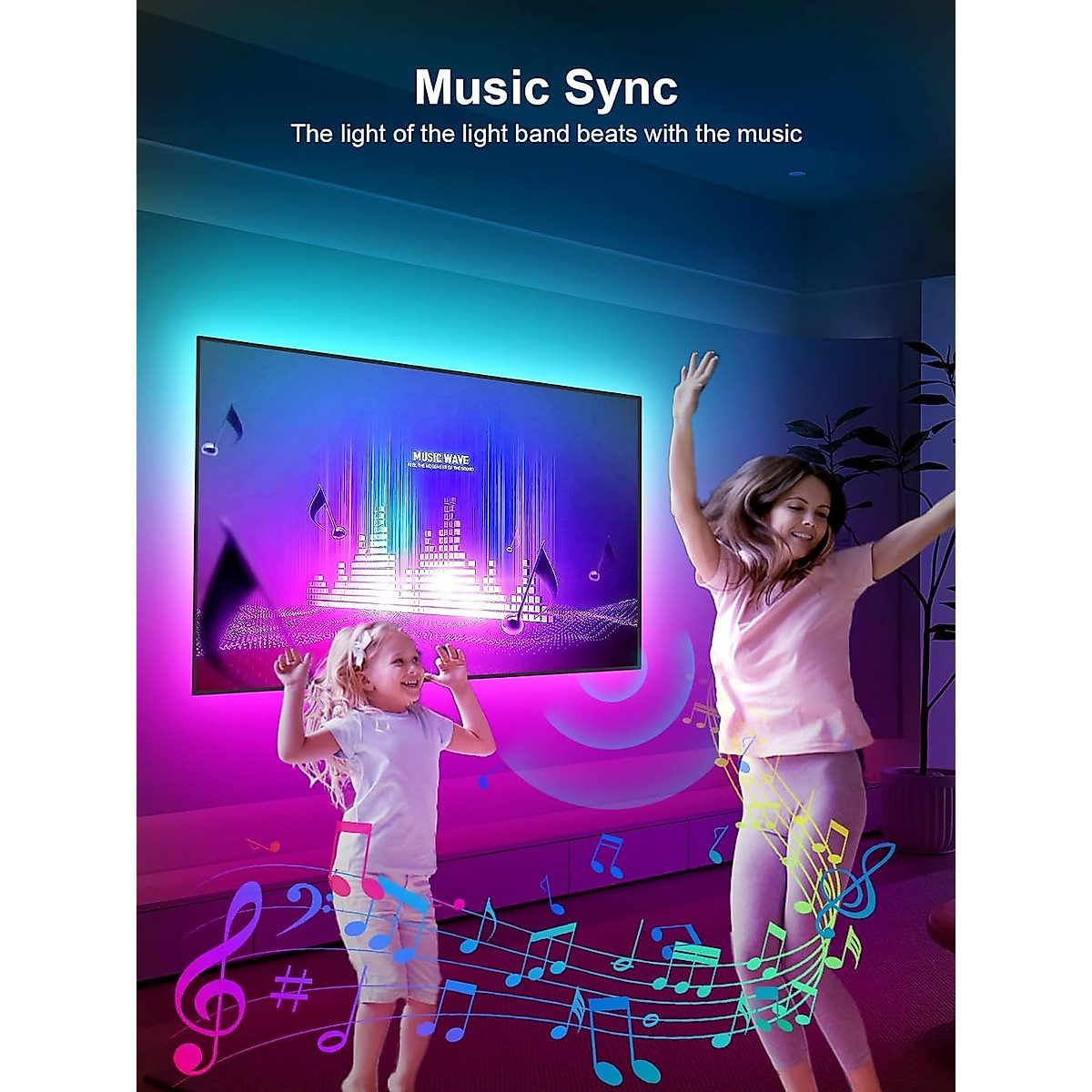 GIPOYENT TV Light Strip, Music Sync LED TV Backlights, for 32-50 Inch TV, LED TV Light with Bluetooth Function - RGB Color Changing Light Strip for Home Theater (9.8ft)