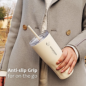 VIMOZTOM Insulated Tumbler with Lid and Straw, 20 oz Double Wall 18/8 Stainless Steel Travel Coffee Mug, To Go Iced Coffee Cup, Spill Proof, Dishwasher Safe (Beige)