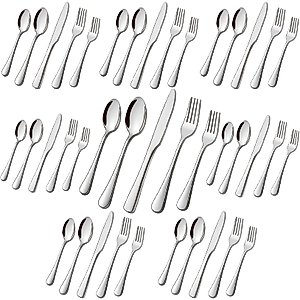 suoundey 40pcs Stainless Steel Silverware Set for 8, Kitchen Cutlery Set, Mirror Polished Forks Knives and Spoons Set for Home and Restaurant, Rust Resistant Eating Tableware Set
