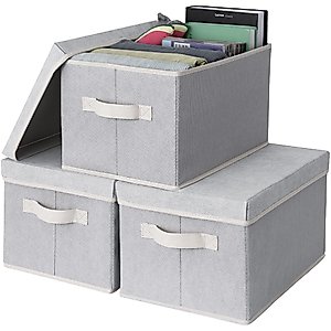 GRANNY SAYS Shelf Large Storage Bins with Lids, Collapsible Storage Box Closet, Decorative Storage Baskets for Organizing Bedroom Dorm Nursery Toy, Gray/Beige, 3-Pack