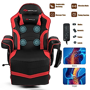 POWERSTONE Gaming Recliner Massage Gaming Chair with Footrest Ergonomic PU Leather Single Sofa with Cup Holder Headrest and Side Pouch, Adjustable Living Room Chair Seating, Red