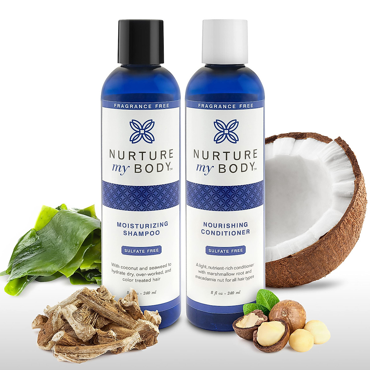 Nurture My Body Fragrance Free Moisturizing Shampoo and Nourishing Conditioner Set | 8 oz. | Sulfate free and Paraben free shampoo and conditioner set | All Natural Ingredients | Handmade in USA