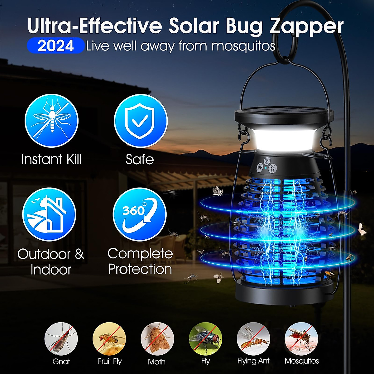 Sayneep Solar Bug Zapper Outdoor, 4200V Effective Mosquito Zapper, Rechargeable Cordless Bug Zapper Outdoor with 4000mAh Battery, Portable Electric Fly Zapper for Patio, Porch, Garden, Kitchen, Black