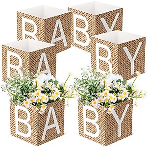 Noveread 6 Pcs Burlap Print Baby Shower Party Decorations Baby Flower Boxes Centerpiece Rustic Burlap Table Display with Letters for Gender Reveal Party Gender Neutral Baby Shower Centerpiece Decor