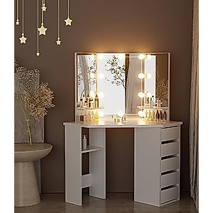 Likein Corner Makeup Vanity Desk with Mirror and Lights, Bedroom Vanity Table with Lighted Mirror 5 Drawers and Storage Shelf for Women Girls White