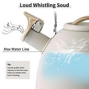 LONFFERY Tea Kettle, 3.2 Quart Whistling Tea Kettle, Tea Kettle for Stove Top, Food Grade Stainless Steel Tea Pot with Wood Pattern Folding Handle - Creamy White