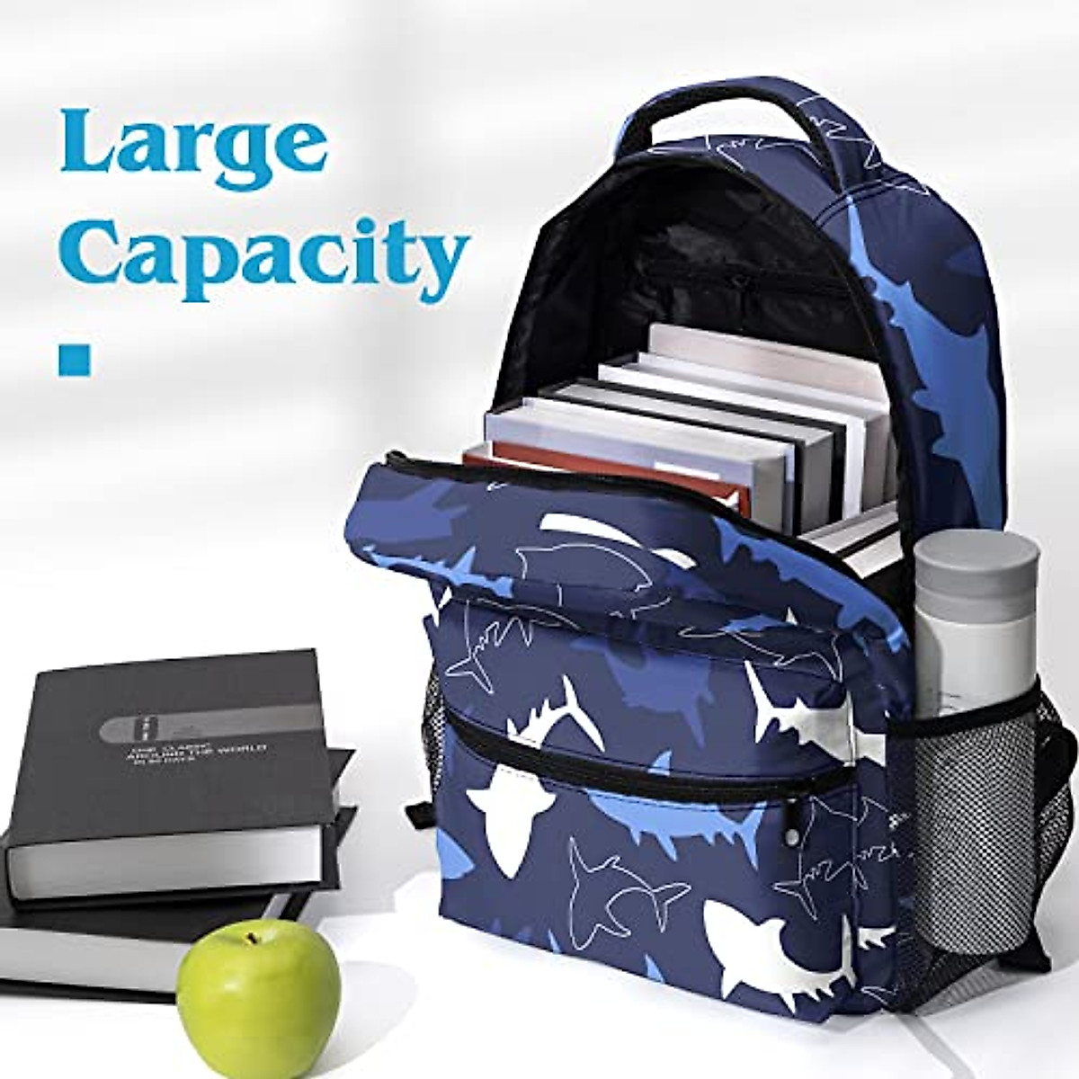 Dacawin Kids Backpack Blue Shark Elementary School Bag for Boys Girls Kids Ocean Themed Bookbag Lightweight Durable Simple Modern Backpacks for Travel Hiking Picnic